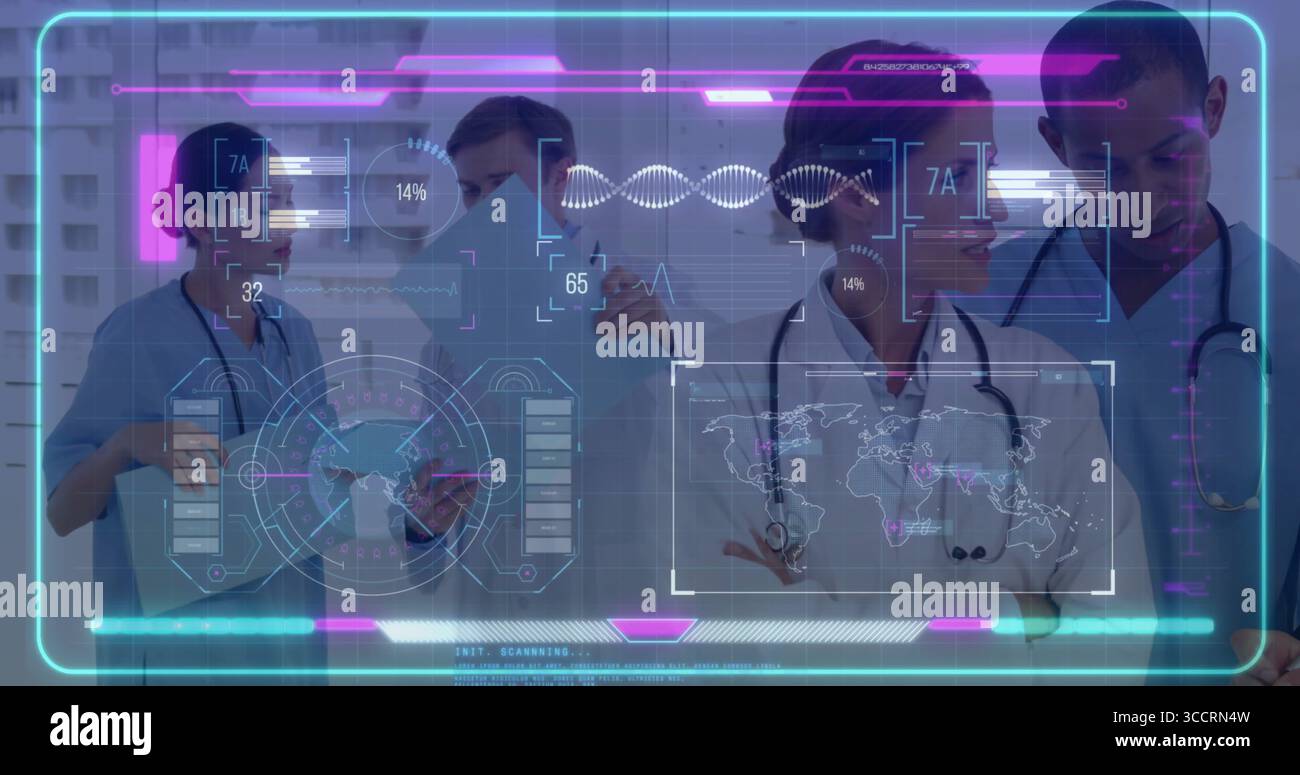 Using holographic interfaces, five scrub-clad medics collaborating in ...