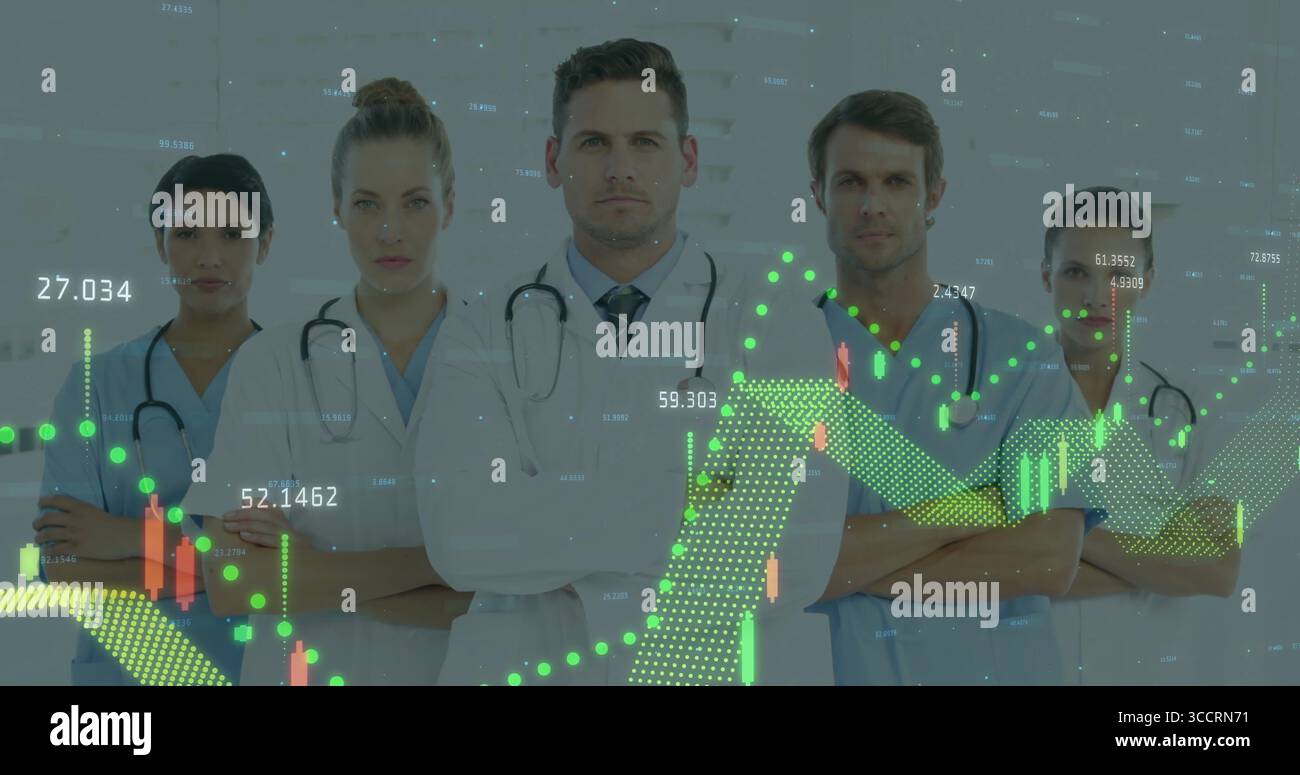 Standing five medical professionals crossing arms in clinical lab, with ...