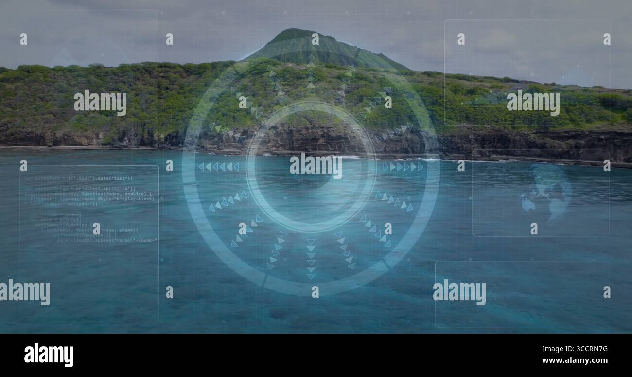 Displaying AR overlaying conical hill at ocean shore, with HUD reticle ...