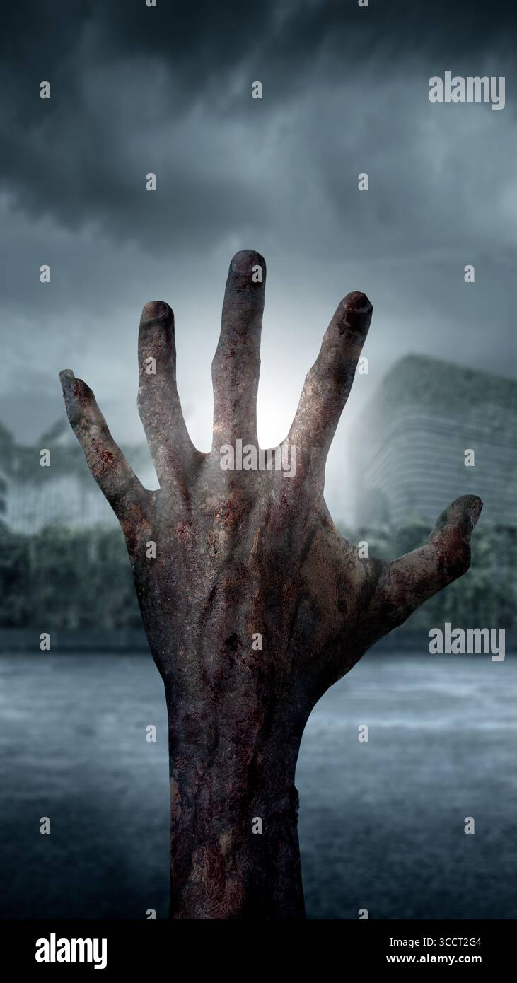 Zombie hand with bloody wound rising out of the ground with a moonlight ...