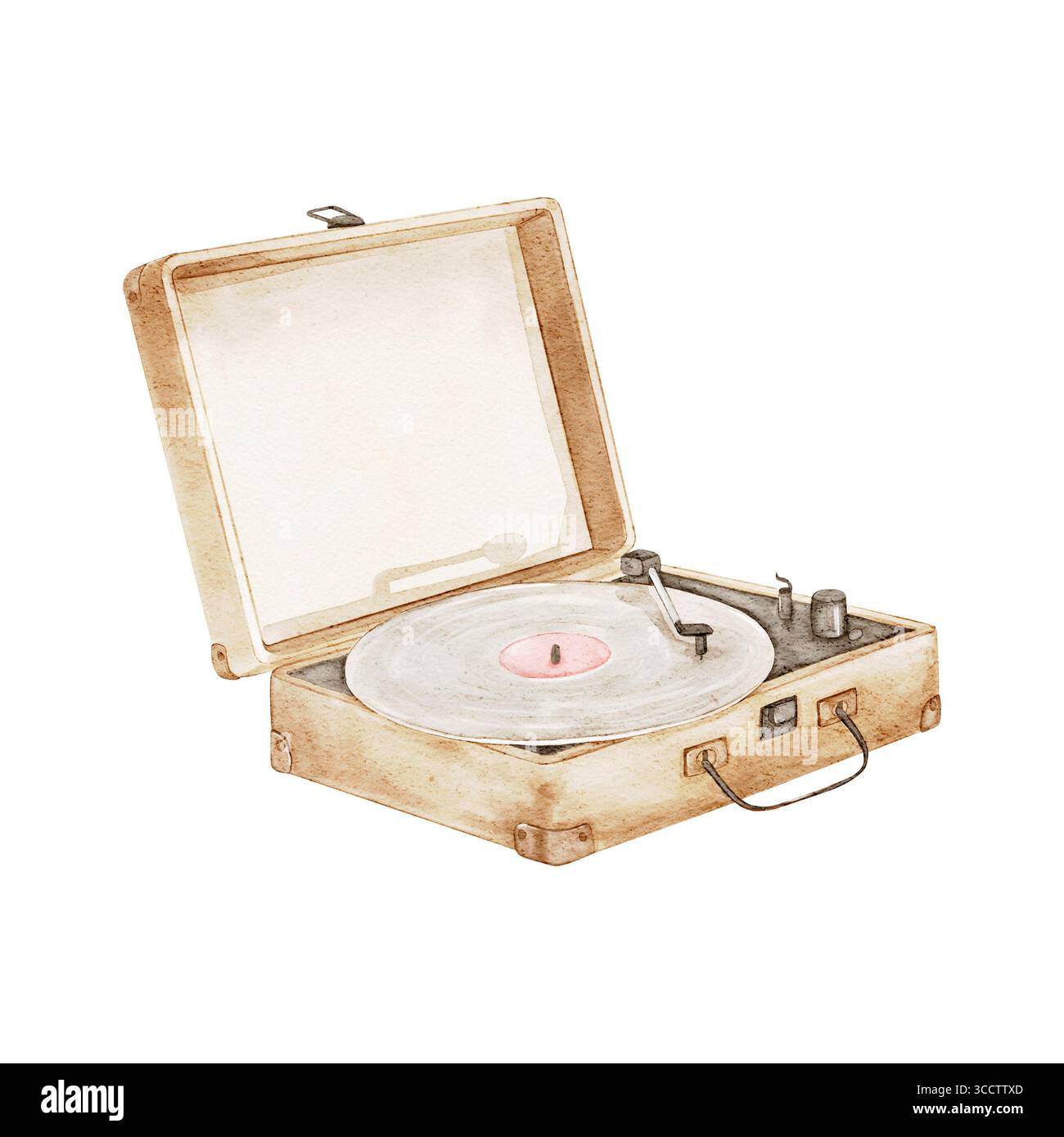 Watercolor retro vinyl record player in pastel beige color. Hand drawn ...