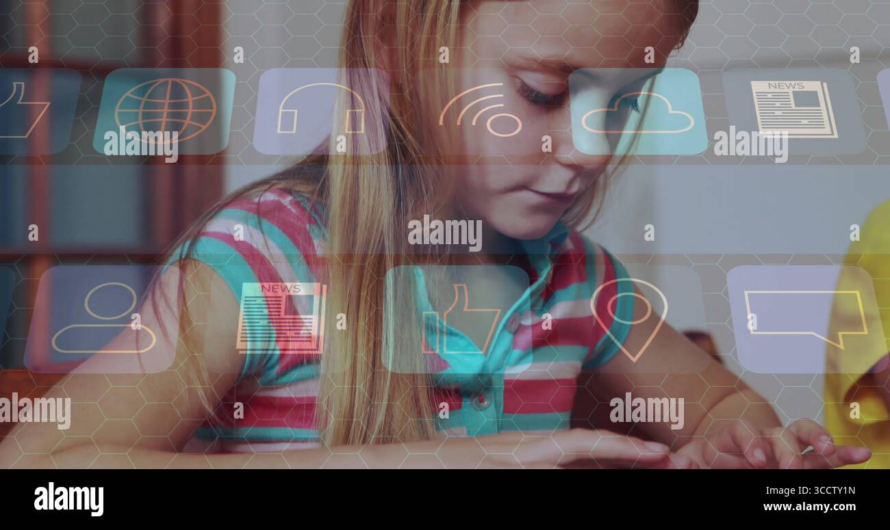 Tapping girl wearing teal polo shirt interacting with tablet in home ...