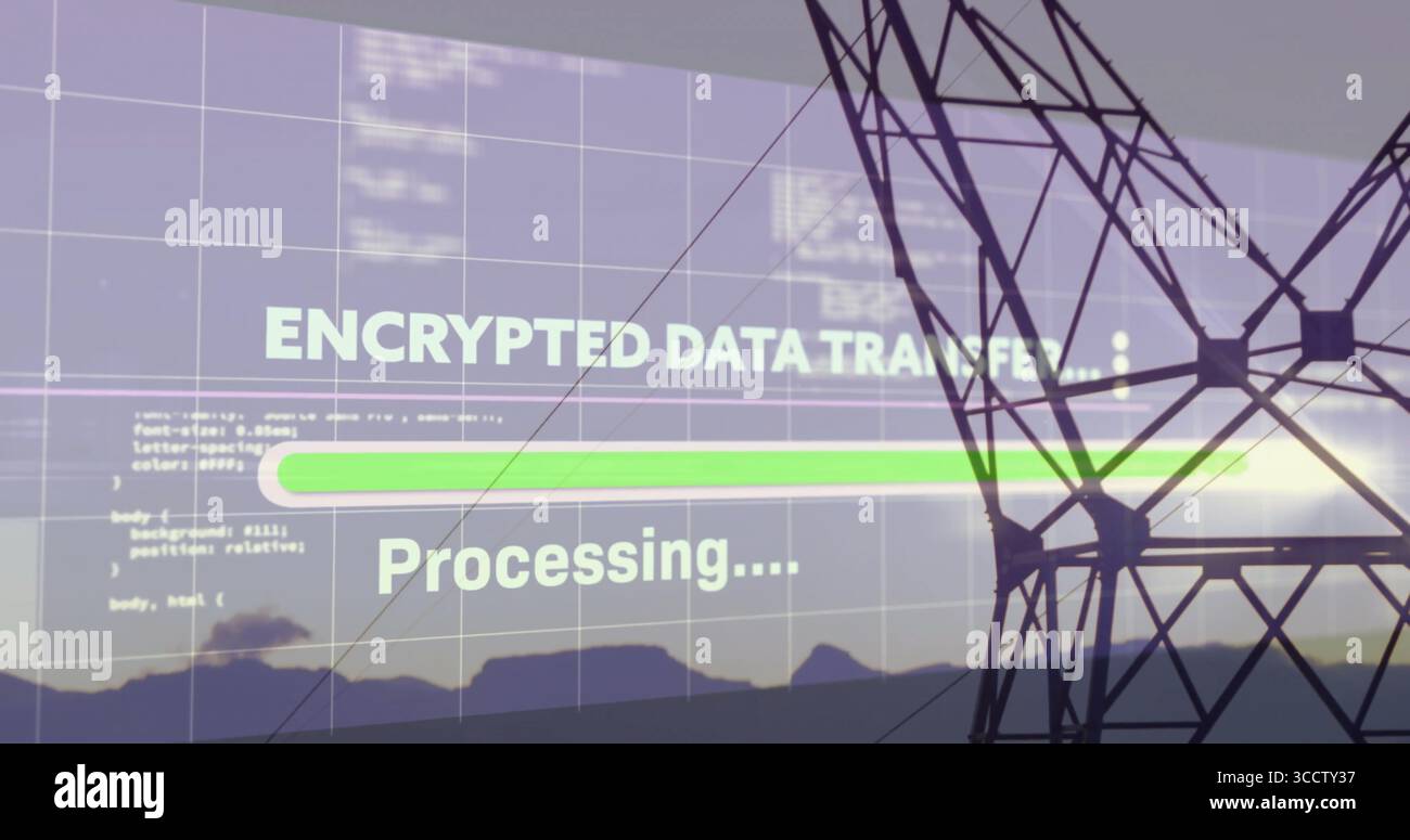 Displaying encrypted data transfer screen over dusk hills with progress ...