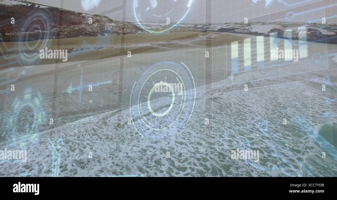 Displaying circular HUD overlaying sandy coastline, with radial chart ...
