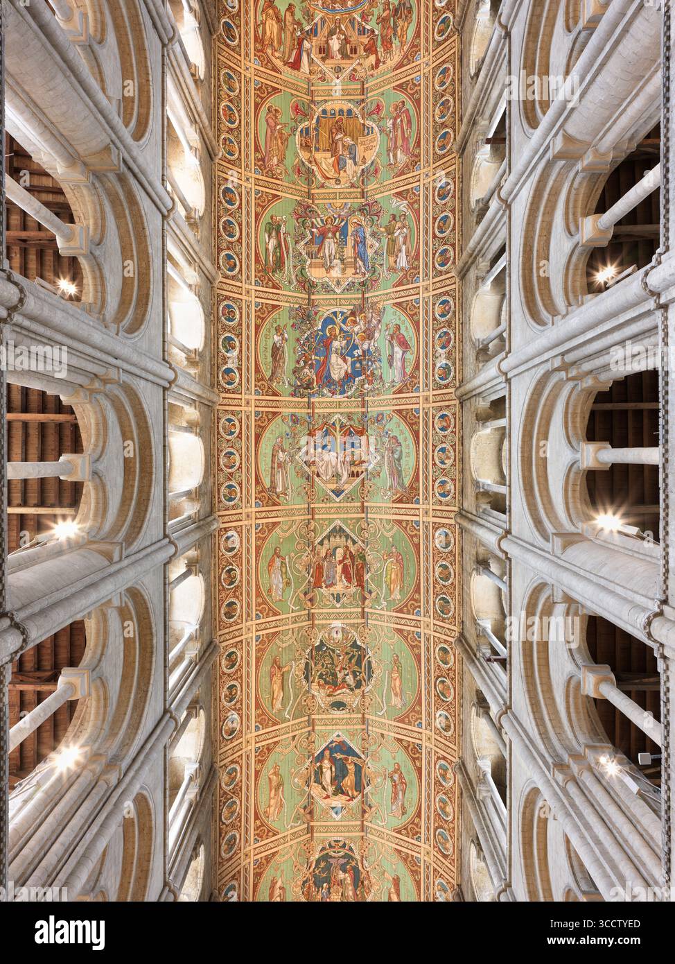 Painted wooden ceiling, of scenes from the Bible, over the nave in the ...