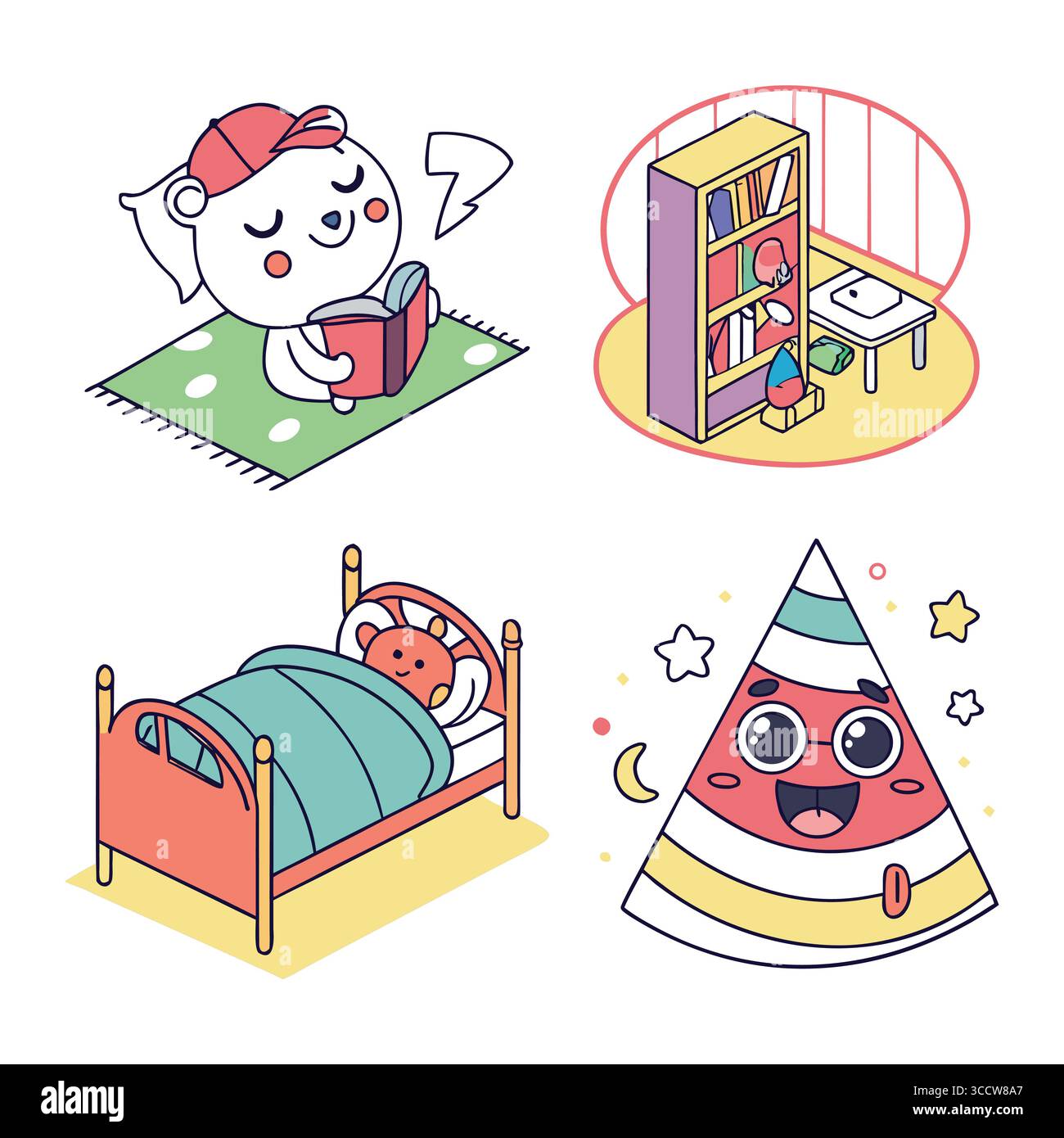 Cute Cartoon Illustrations Featuring Bedtime Reading, Playful Themes ...