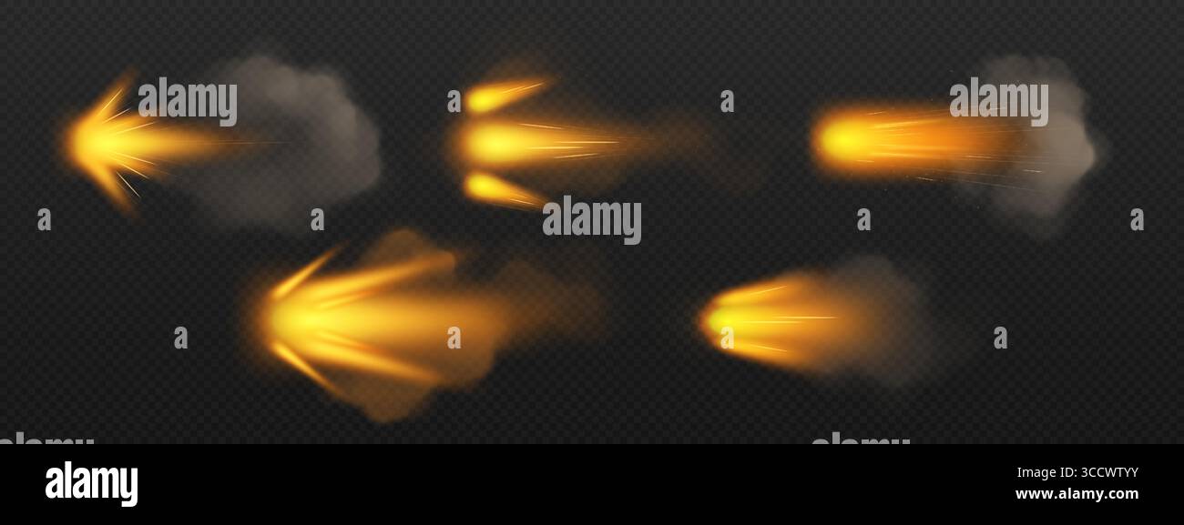 Yellow fire gun blast effects with smoke trails and bright muzzle ...