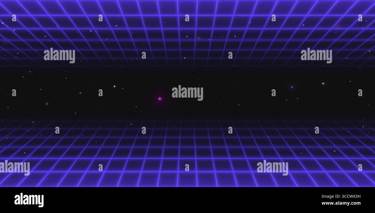 Neon game background with retro grid stretching into star sky for ...
