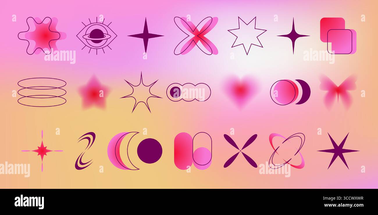 Trendy y2k elements on gradient bg - wavy shapes, eye icon with flower ...