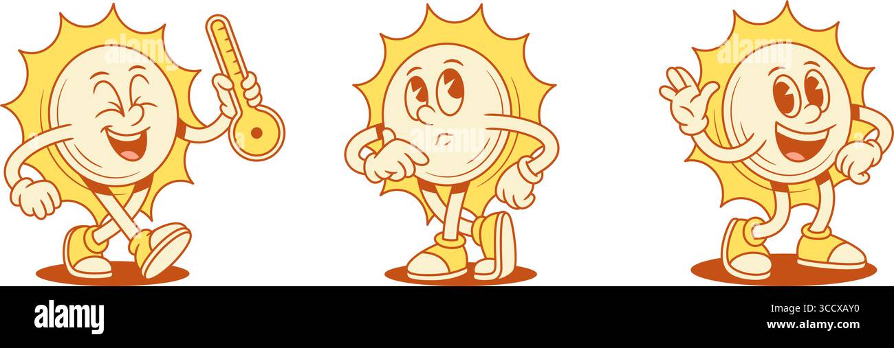 Funny yellow sun cartoon character set contoured vector flat ...