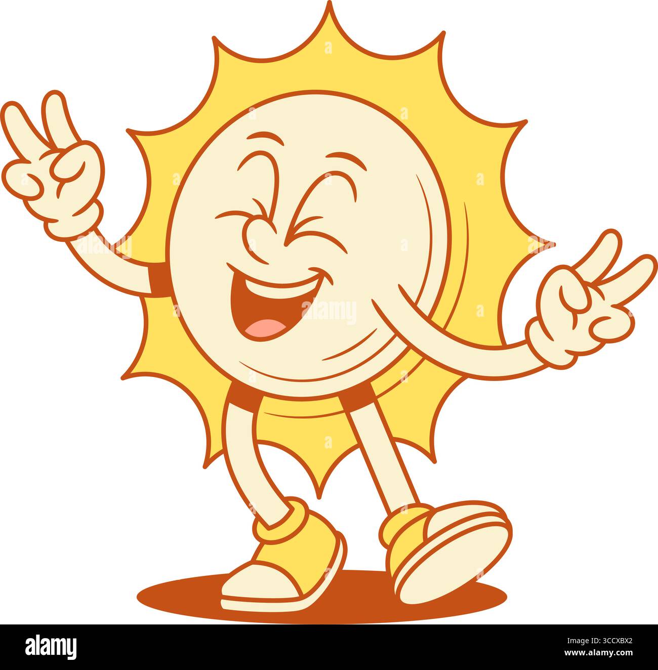 Overjoyed yellow sun cartoon character smiling contoured vector flat ...