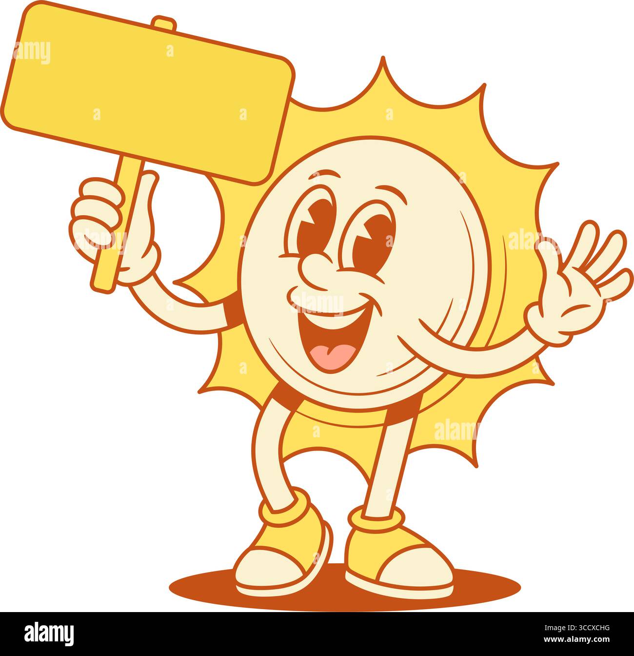 Funky yellow sun cartoon character with signboard advertising contoured ...