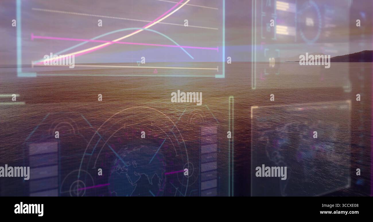 Displaying digital overlay spanning calm sea at twilight horizon, with ...