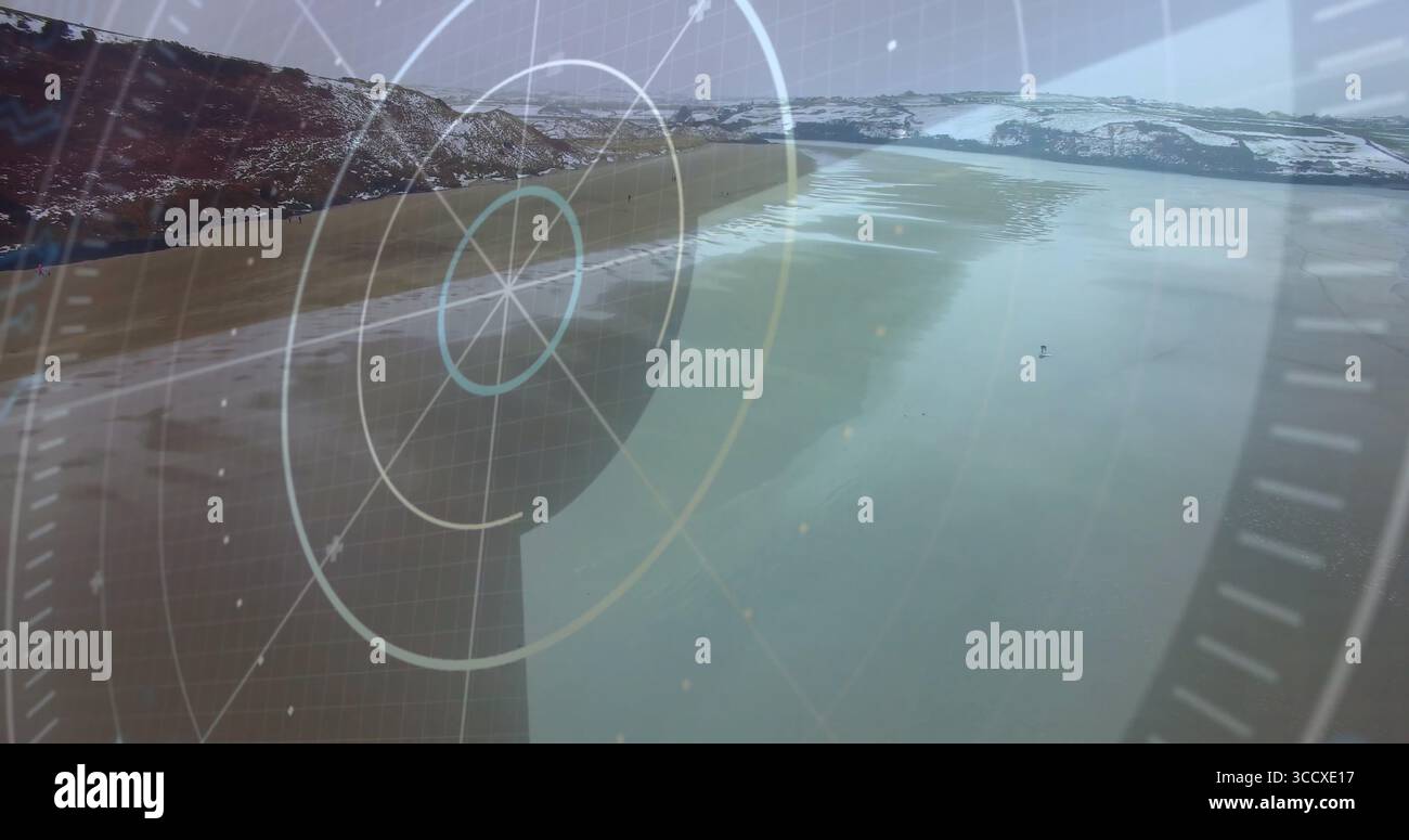 Displaying glacial lake view through radar HUD, with rings, grid lines ...