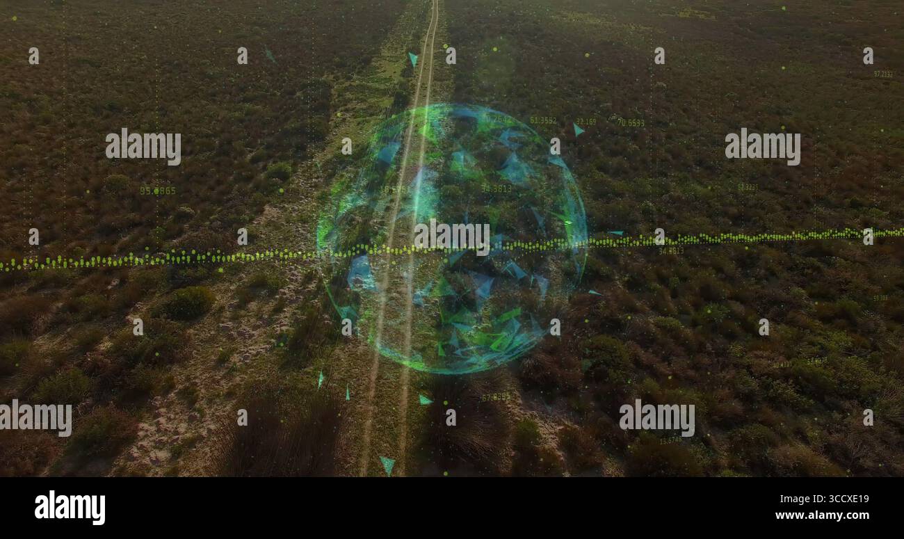 Scanning 3D sphere mapping dirt tracks over arid desert with triangular facets and data ...