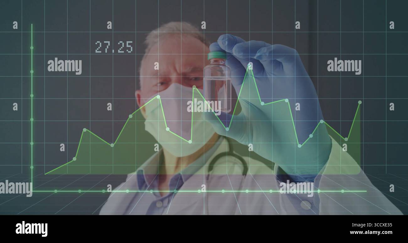 Doctor wearing lab coat and gloves examining vial in lab, with digital ...