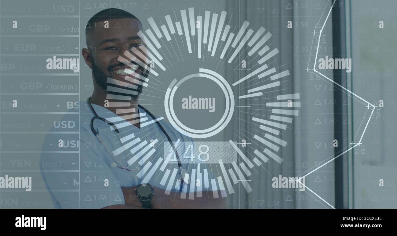 Standing doctor wearing stethoscope in corridor, displaying holographic ...