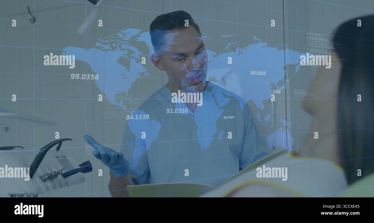 Dentist in scrubs and gloves consulting patient at dental chair, with ...