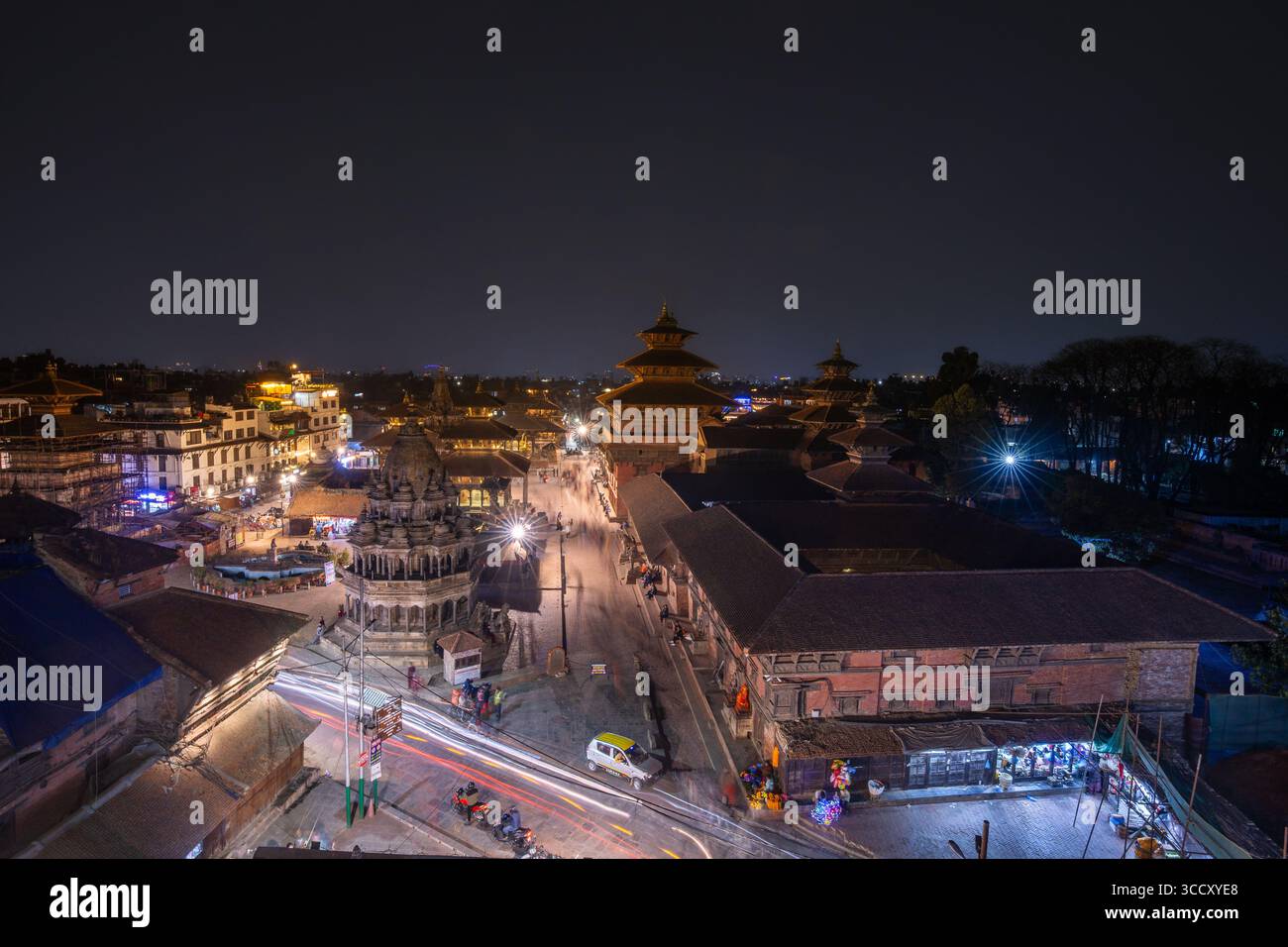 Night view from rooftop to Patan Durbar Square in peak hour in ...