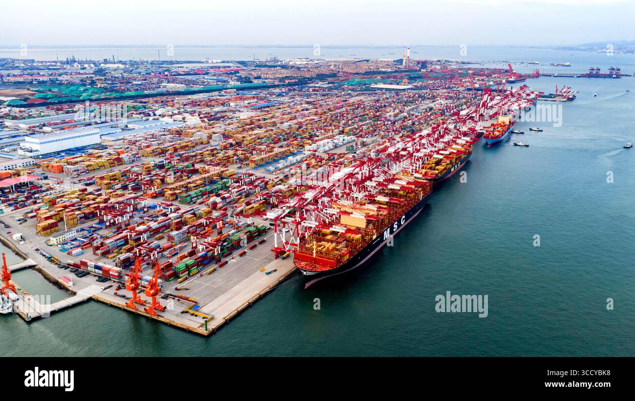 Aerial photo shows the Qianwan Container Terminal in Qingdao City, east ...