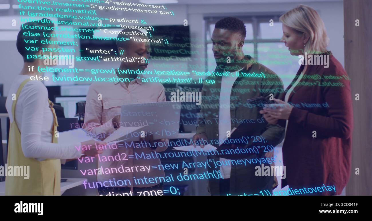 Reviewing code, tech team collaborating in modern office with laptop ...