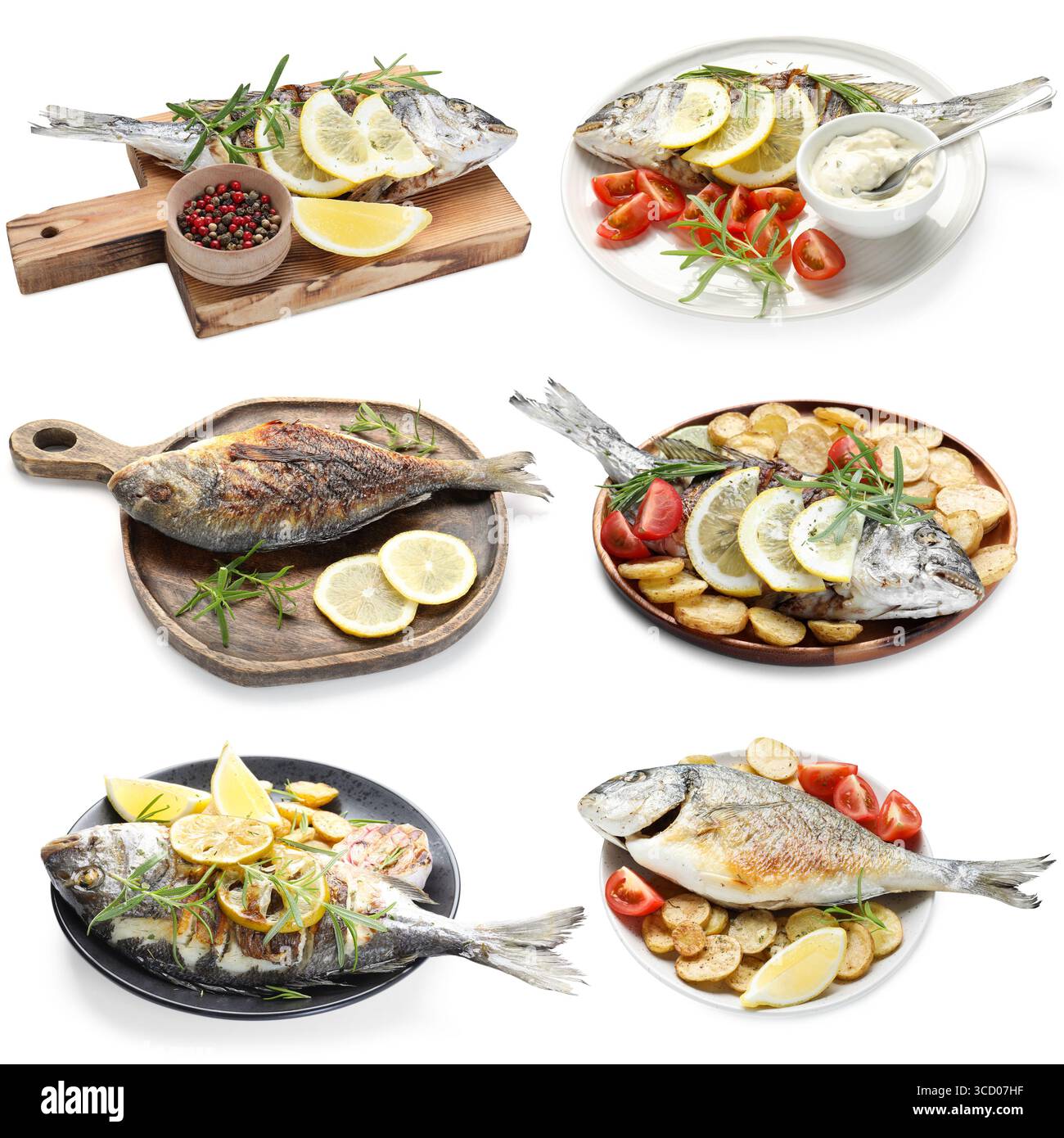 Fried fish. Dishes isolated on white, set Stock Photo - Alamy