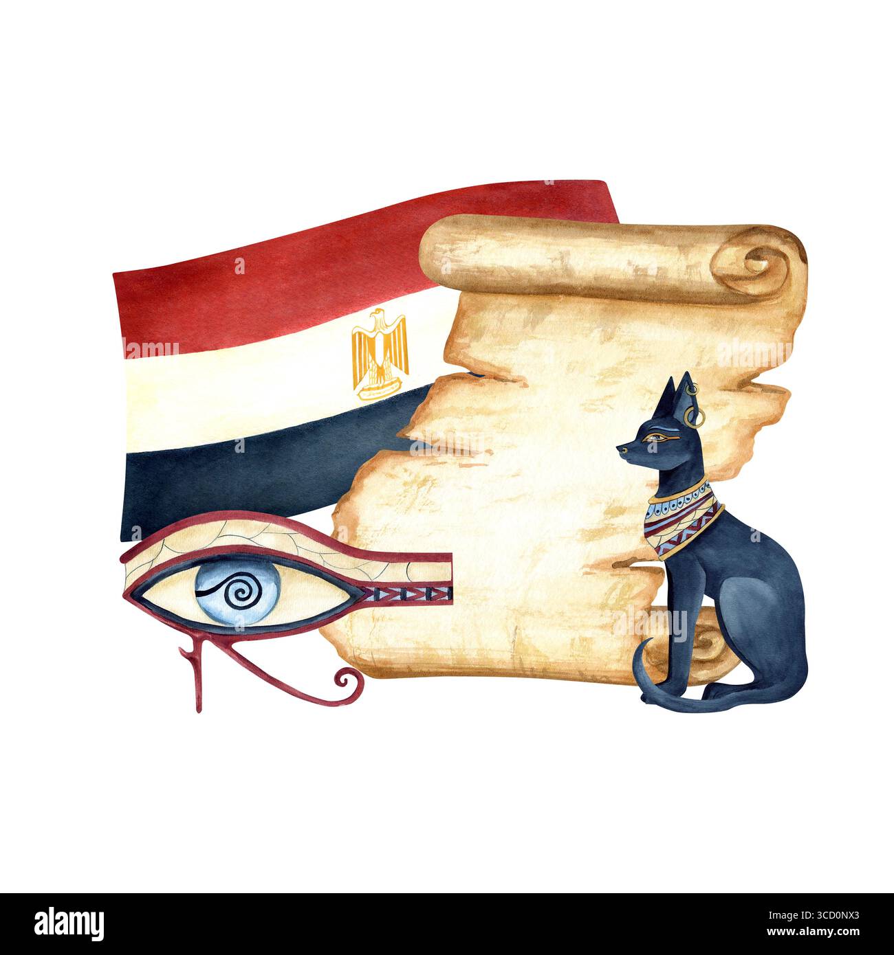 Egyptian symbols. Papyrus scroll, flag of Egypt, Bastet, eye of Horus ...