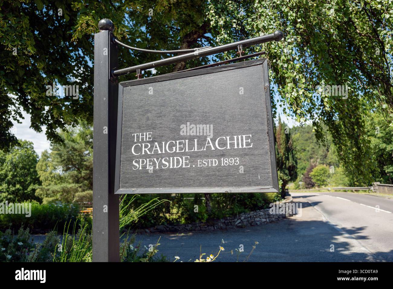 Sign for The Craigellachie Hotel, a historic Speyside landmark in Moray ...