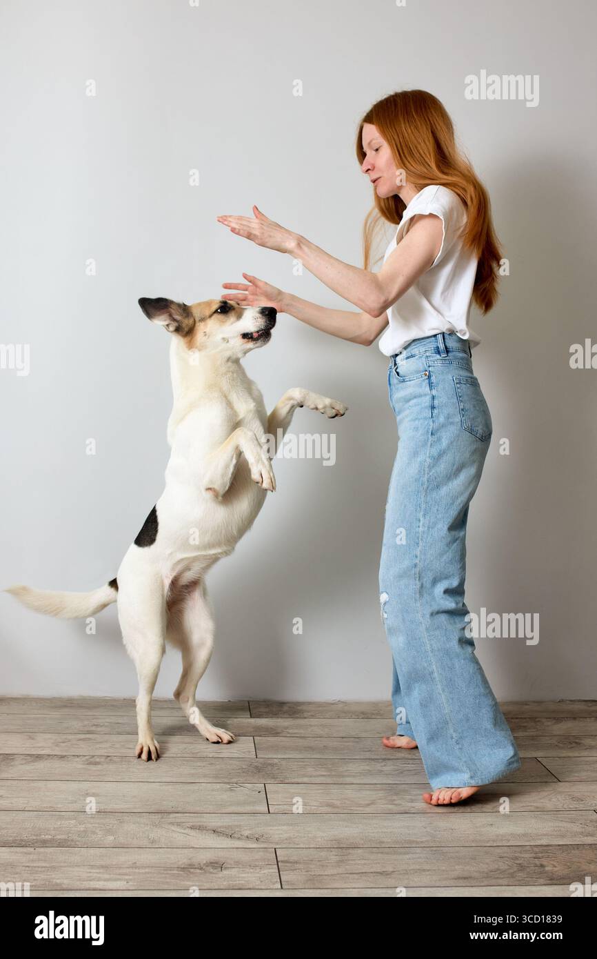 A woman engaging in training activities with her dog indoors. She is ...