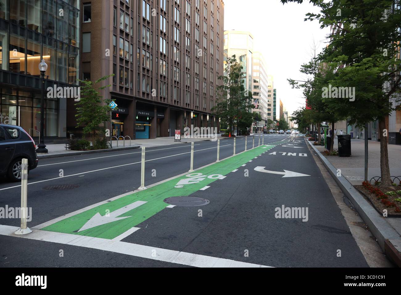 Protected urban bike lane along city street with bollards and cycling ...