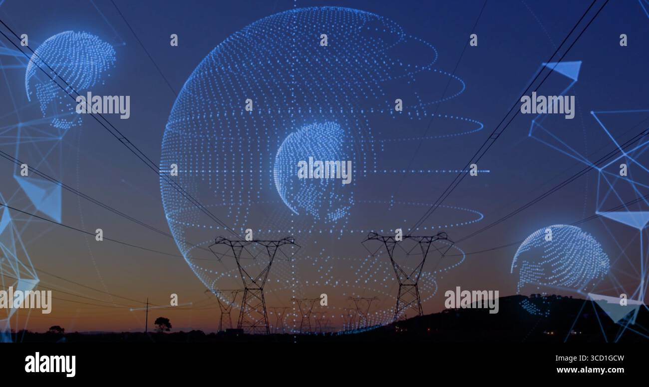 Hovering digital network sphere linking pylons, power lines and mesh ...