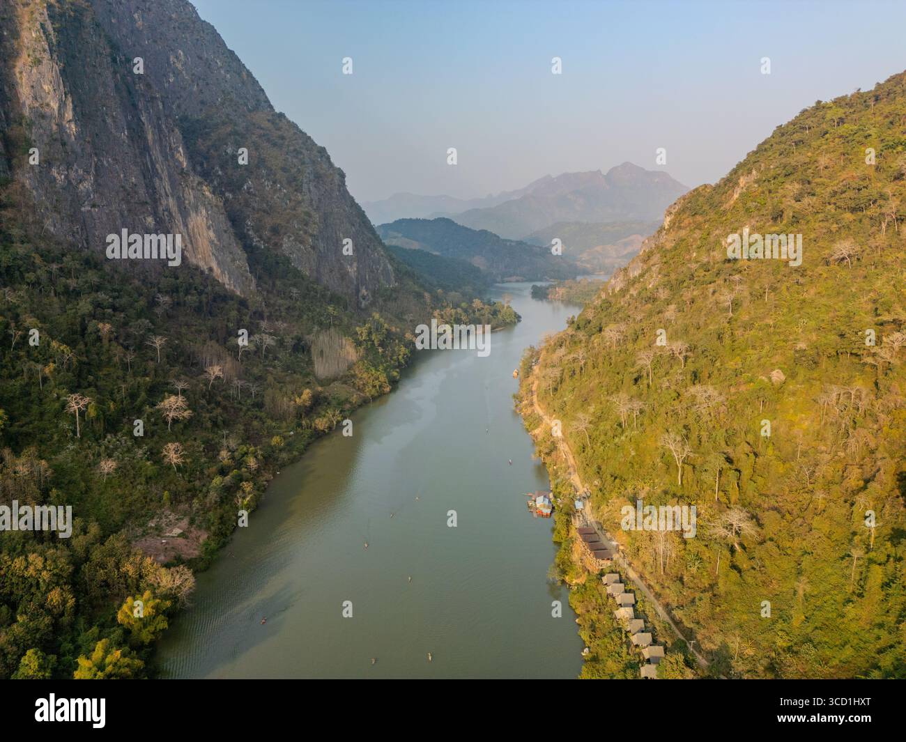 Aerial View of Nam Ou River Flowing Between Forested Mountains Near ...