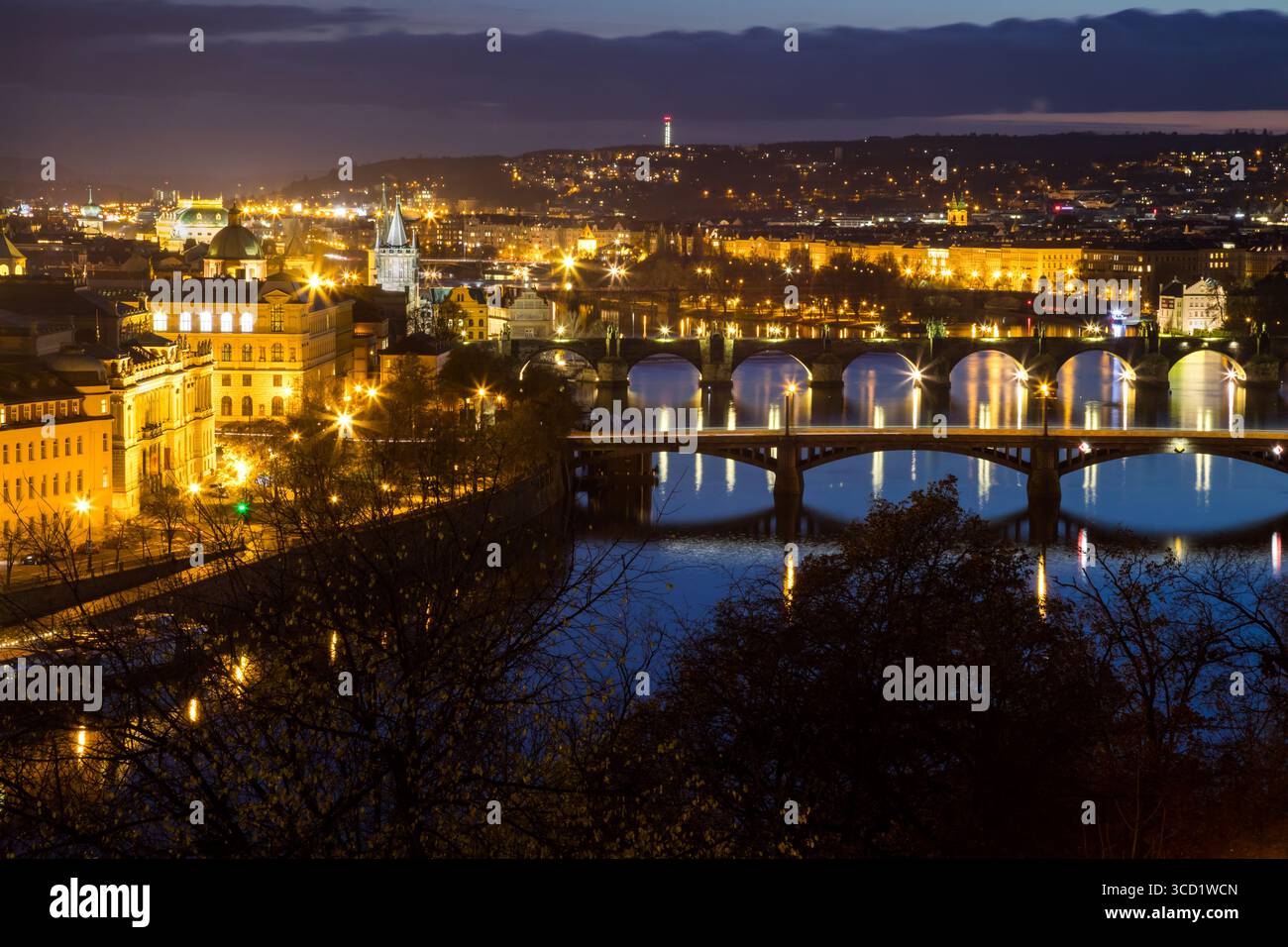 A night view of the historic bridges over the Vltava River in Prague ...