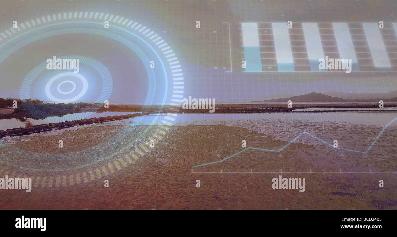 Displaying circular HUD overlaying salt flat at dusk, with digital grid ...