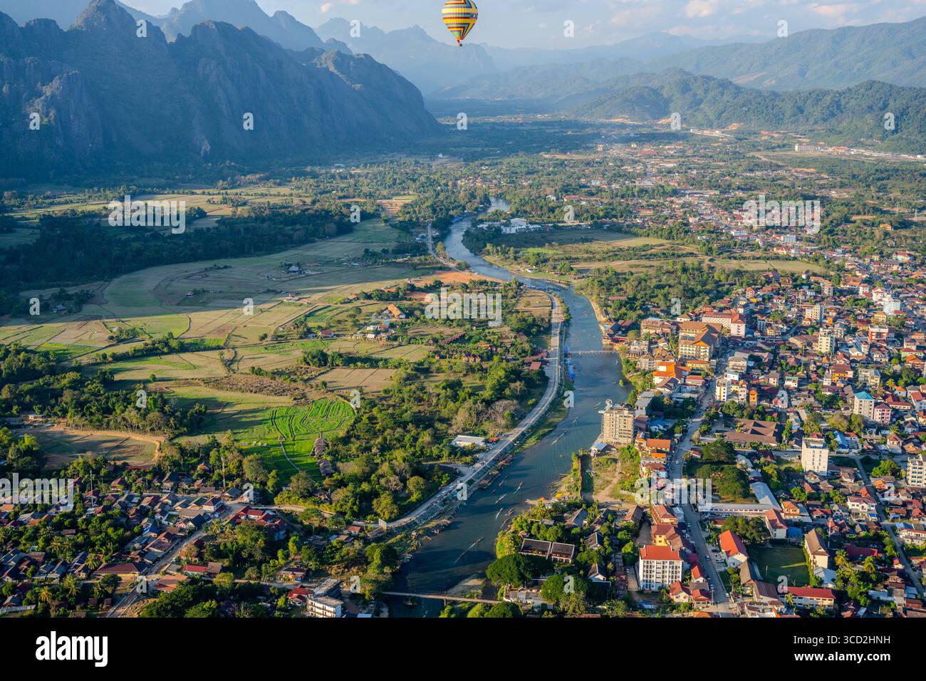 Aerial View of Vang Vieng, Laos with Hot Air Balloon Above Nam Song ...