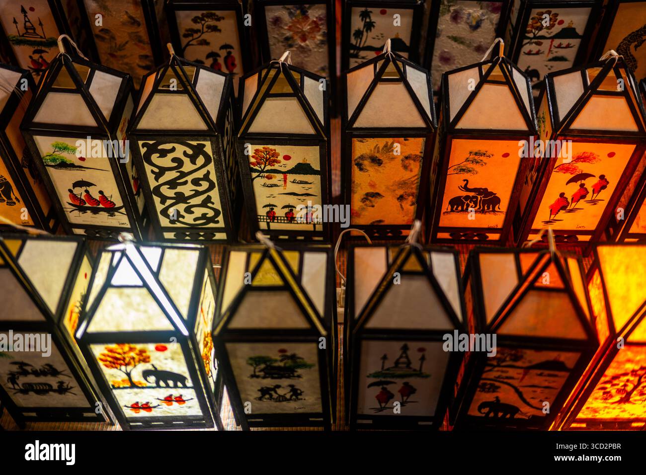 Traditional Handcrafted Paper Lanterns with Lao Cultural Art at Night ...