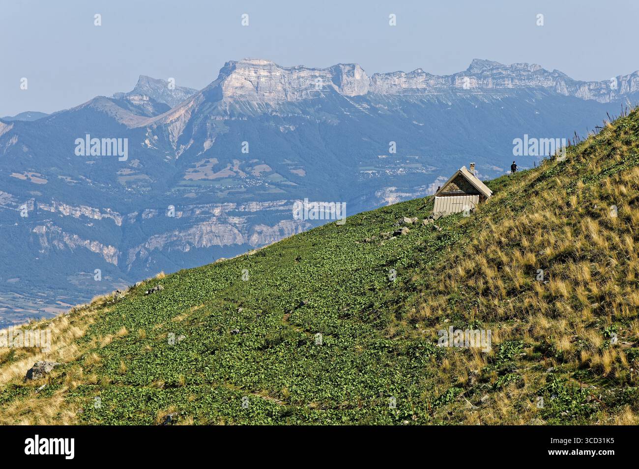 Chartreuse mountain range over the slopes and hut of Grand Colon in ...