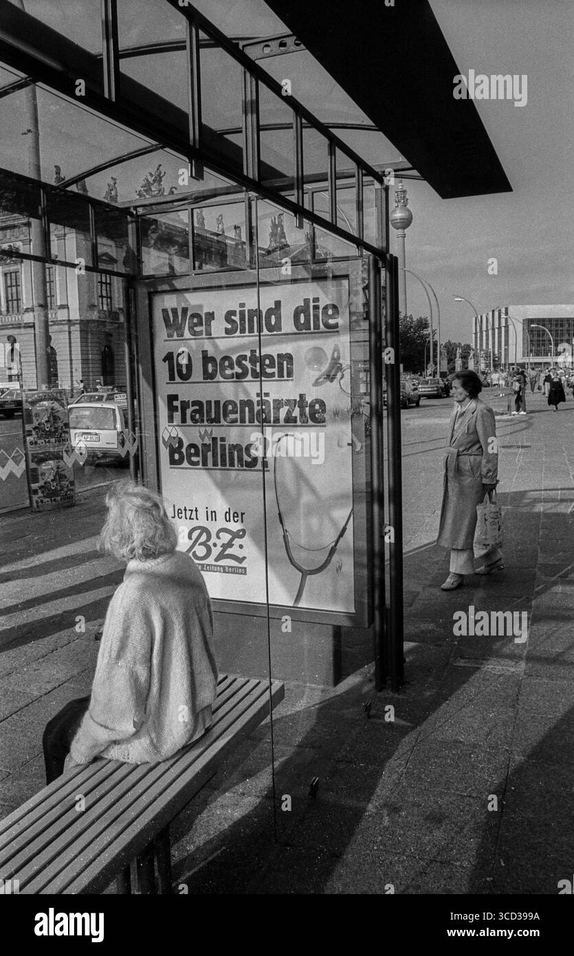 Germany, Berlin, 12.06.1992, bus stop Unter den Linden, advertisement ...