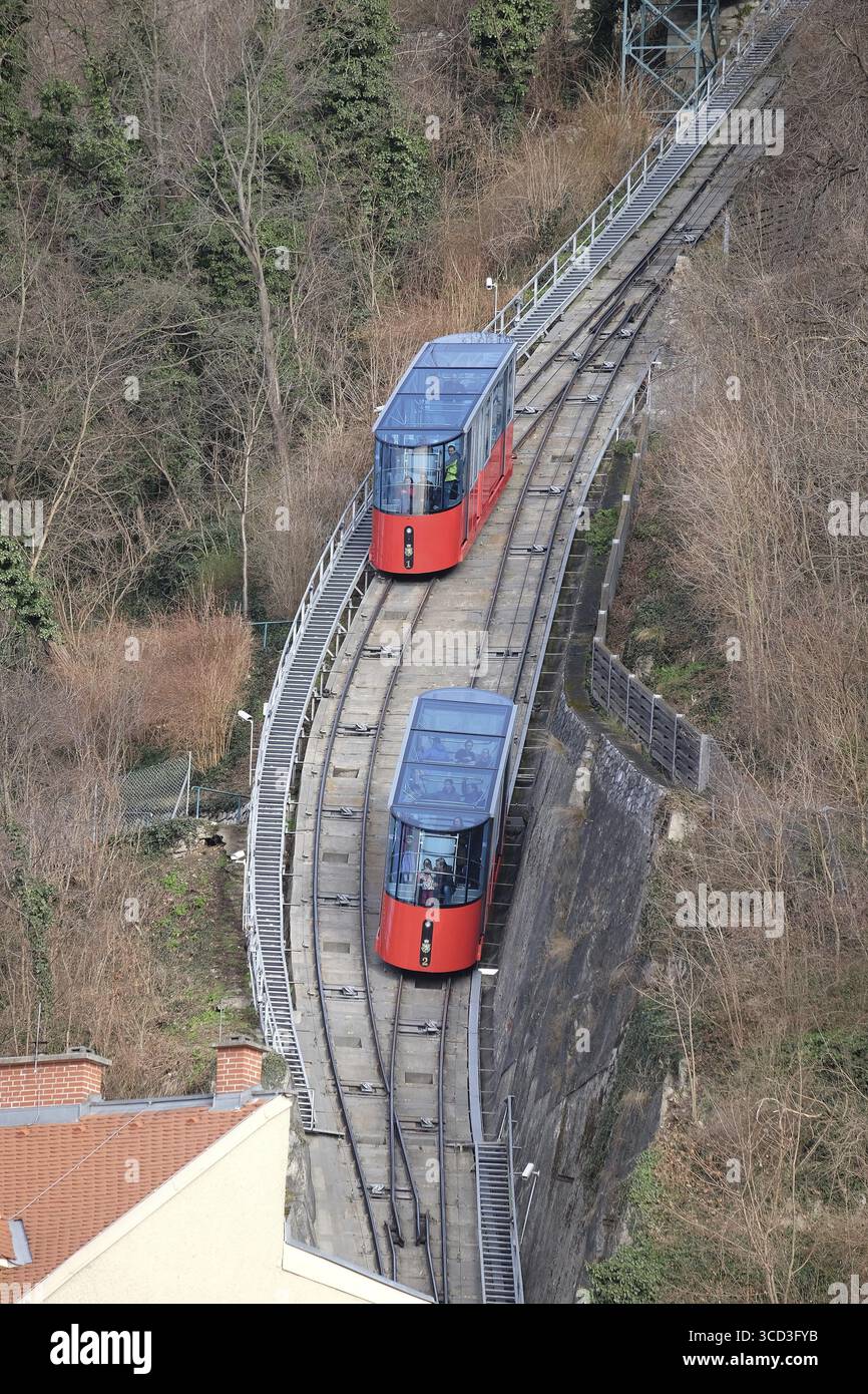Modern funicular climbing to Schlossberg in Graz, Austria Stock Photo ...