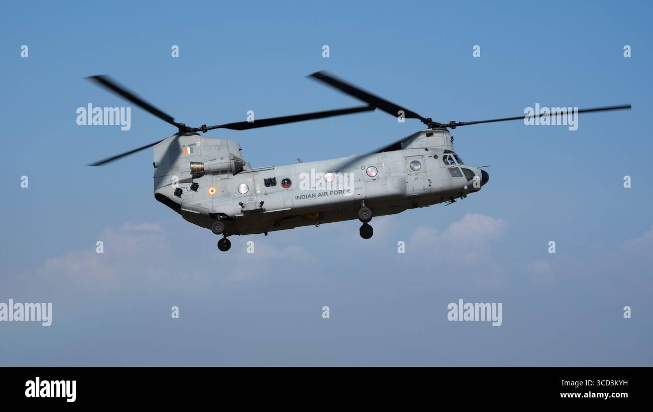 Indian Air Force Boeing CH-47F Chinook helicopter in flight, used for ...