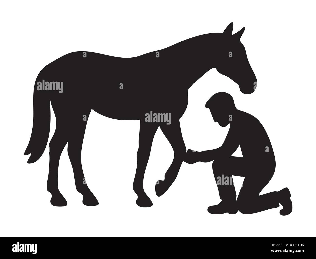 Silhouette of man kneeling beside horse, isolated on white background ...