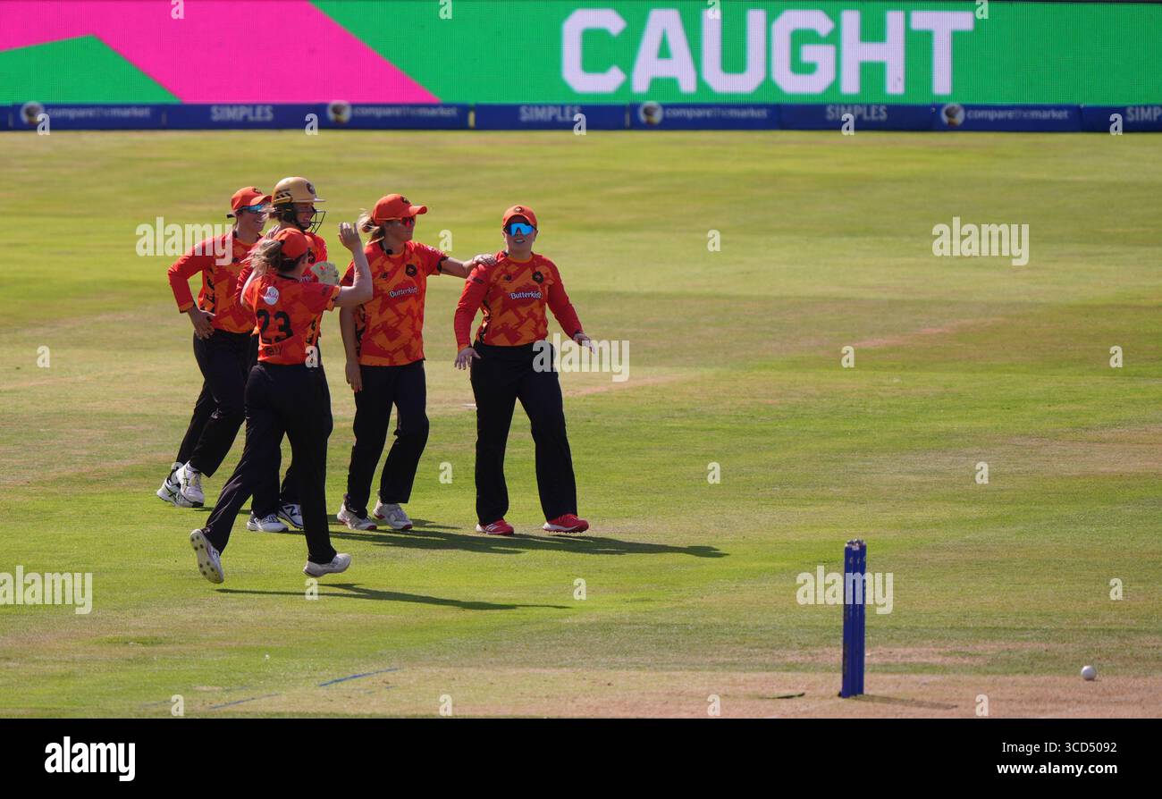 Birmingham Phoenix's Ailsa Lister (right) celebrates the wicket of Oval ...