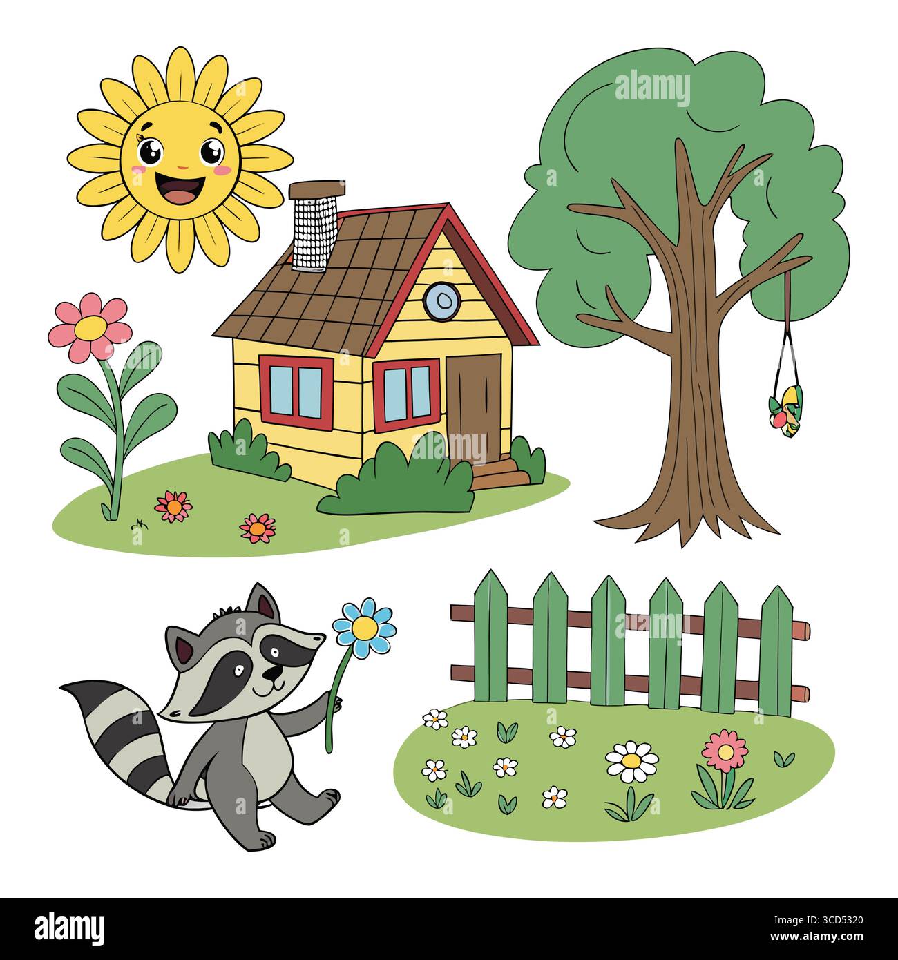 charming vector illustration of a raccoon, house, sun, and tree in a ...