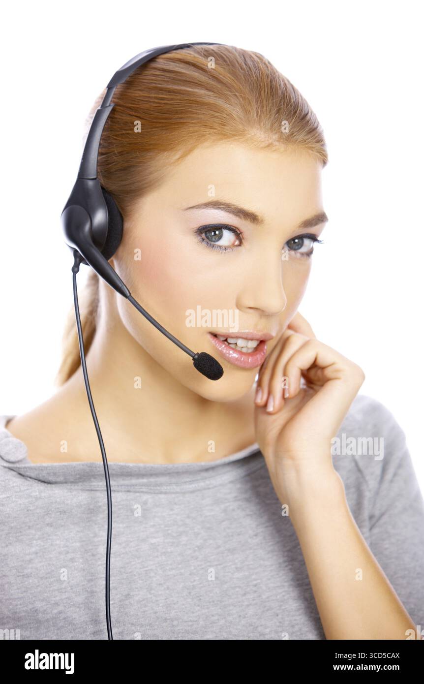 Beautiful girl is using headset, she isolated on white Stock Photo - Alamy