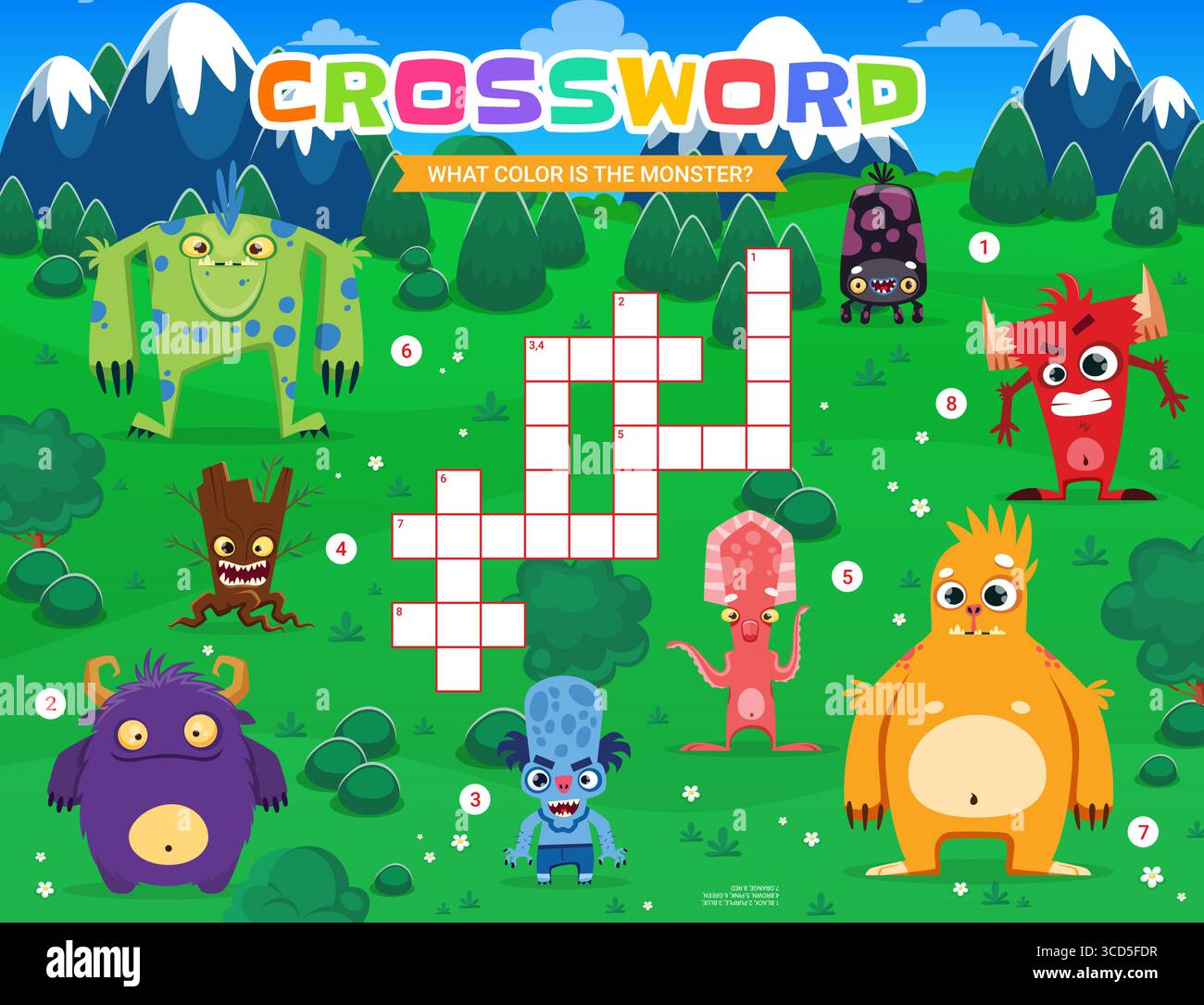 Crossword quiz grid with funny monster characters. Vector educational ...
