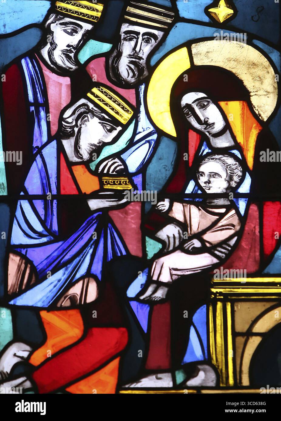 Nativity Scene, Adoration of the Magi, stained glass window in Basilica ...