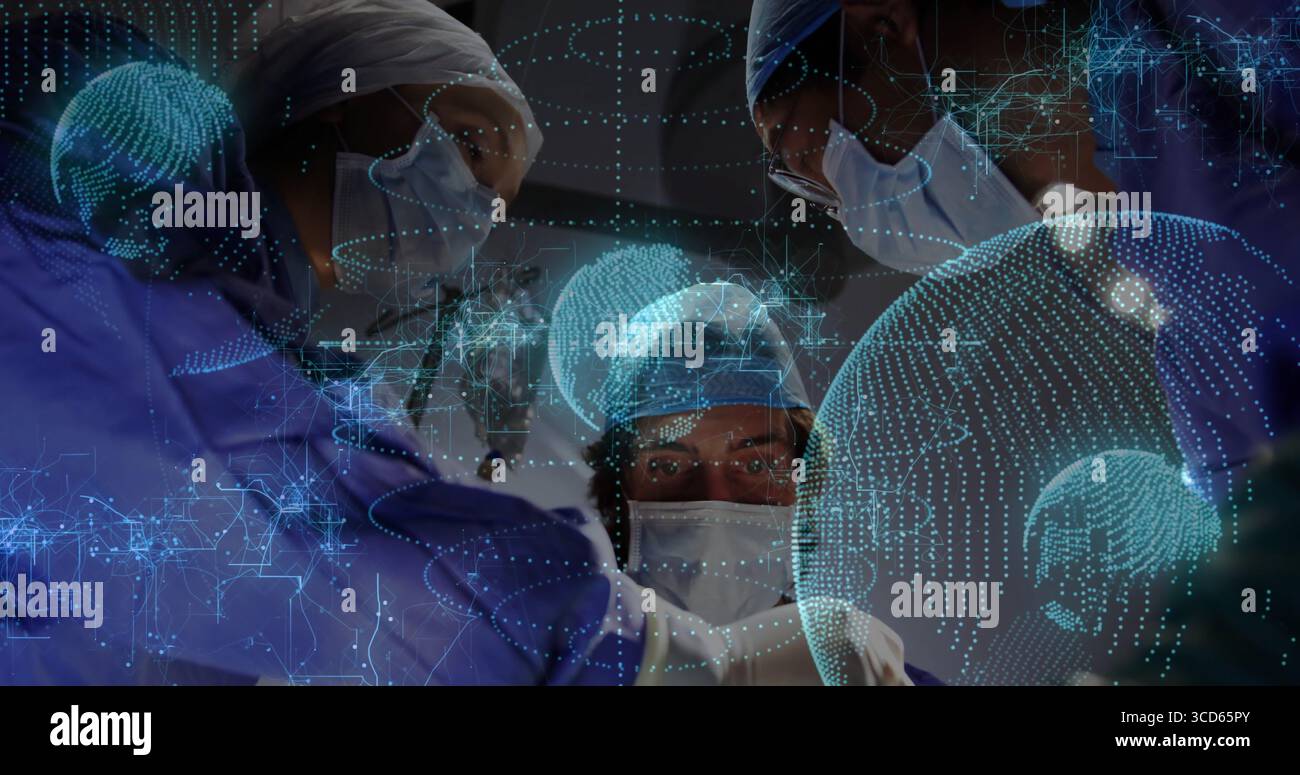 Performing surgery, three surgeons holding surgical tools in operating ...
