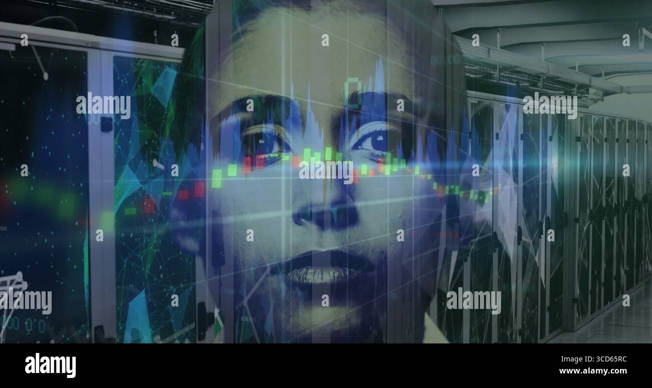 Translucent woman's face merging with server racks in data center aisle ...