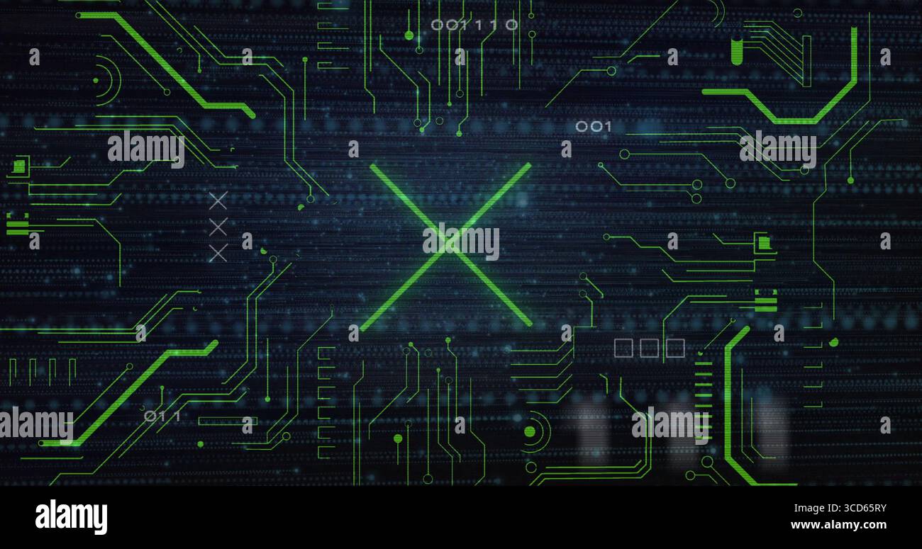 Displaying central glowing green 'X' on dark matrix interface, showing neon circuit pathways ...