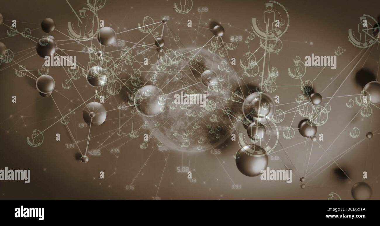Displaying metallic spheres forming network in digital space, with ...